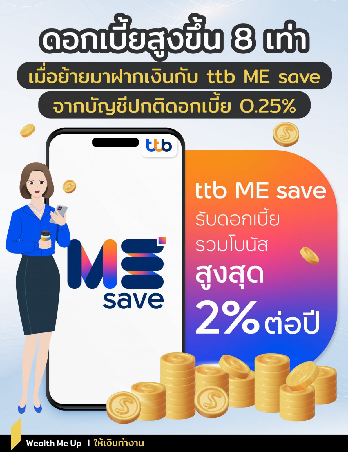 ดอกเบี้ยสูงขึ้น 8 เท่า เมื่อย้ายมาฝากเงินกับ ttb ME save จากบัญชีปกติดอกเบี้ย O.25% - Wealth Me Up